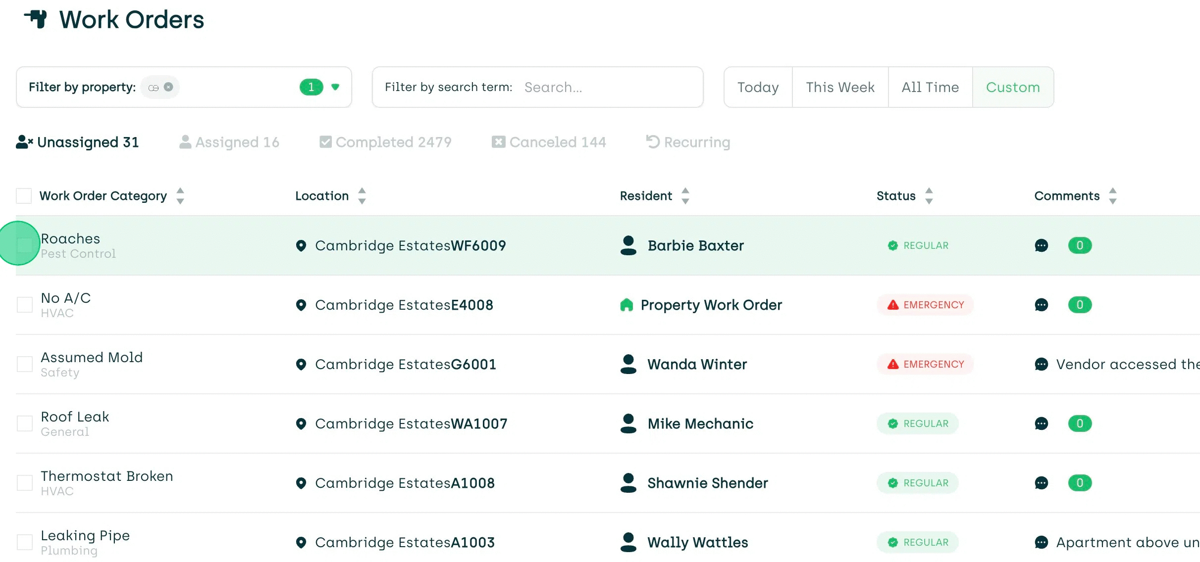 Unassigned Work Orders Tab